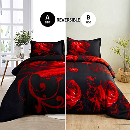 Red Duvet Cover Queen Size Reversible Rose Bedding Duvet Cover Set with Zipper Closure 3 Pieces Ultra Soft Microfiber Queen Duvet Cover, 1 Duvet Cover 90x90 inches and 2 Pillow Shams (No Comforter)