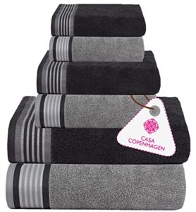 casa copenhagen designed in denmark 550 gsm 2 large bath towels 2 large hand towels 2 washcloths, super soft egyptian cotton 6 towels set for bathroom, kitchen & shower - granite grey & mirage grey