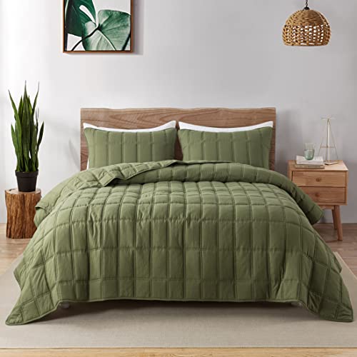 Green Quilt King Size Bedding Sets with Pillow Shams, Olive Lightweight Soft Bedspread Coverlet, Quilted Thin Blanket Comforter Bed Cover for All Season Spring Summer, 3 Pieces, 104x90 inches