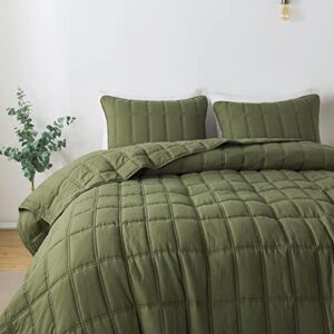 Green Quilt King Size Bedding Sets with Pillow Shams, Olive Lightweight Soft Bedspread Coverlet, Quilted Thin Blanket Comforter Bed Cover for All Season Spring Summer, 3 Pieces, 104x90 inches