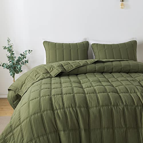 Green Quilt King Size Bedding Sets with Pillow Shams, Olive Lightweight Soft Bedspread Coverlet, Quilted Thin Blanket Comforter Bed Cover for All Season Spring Summer, 3 Pieces, 104x90 inches