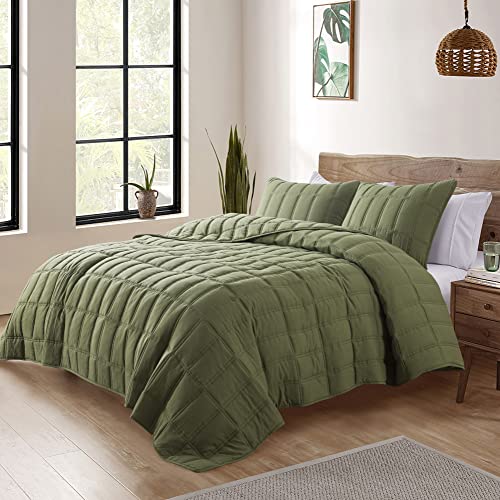 Green Quilt King Size Bedding Sets with Pillow Shams, Olive Lightweight Soft Bedspread Coverlet, Quilted Thin Blanket Comforter Bed Cover for All Season Spring Summer, 3 Pieces, 104x90 inches