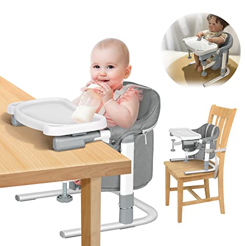 Hook On Chair, Yacul 3 in 1 Baby Booster High Chair with Tray, Feeding Seat for Table, Portable and Foldable Free Standing Floor Seat with Carry Bag for Home, Travel and Camping, Grey