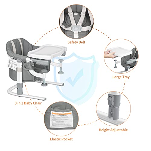 Hook On Chair, Yacul 3 in 1 Baby Booster High Chair with Tray, Feeding Seat for Table, Portable and Foldable Free Standing Floor Seat with Carry Bag for Home, Travel and Camping, Grey