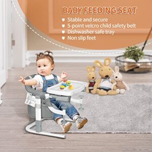 Hook On Chair, Yacul 3 in 1 Baby Booster High Chair with Tray, Feeding Seat for Table, Portable and Foldable Free Standing Floor Seat with Carry Bag for Home, Travel and Camping, Grey