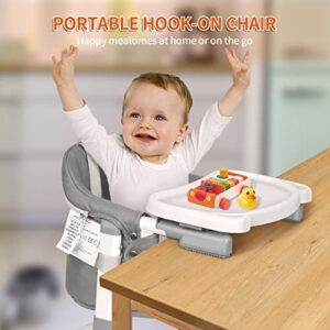 Hook On Chair, Yacul 3 in 1 Baby Booster High Chair with Tray, Feeding Seat for Table, Portable and Foldable Free Standing Floor Seat with Carry Bag for Home, Travel and Camping, Grey