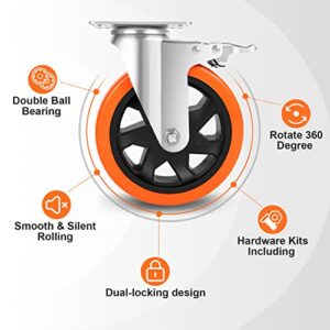 W B D WEIBIDA 6 inch Caster Wheels with Dual Locking, Casters Set of 4 Heavy Duty of 2400lbs, Premium Polyurethane No Noise Wheels for Cart, Workbench and Furniture