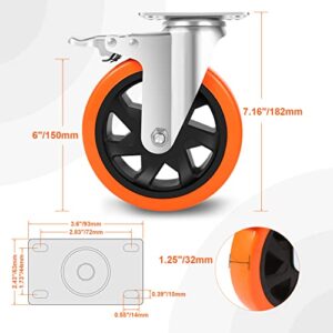 W B D WEIBIDA 6 inch Caster Wheels with Dual Locking, Casters Set of 4 Heavy Duty of 2400lbs, Premium Polyurethane No Noise Wheels for Cart, Workbench and Furniture