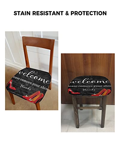 Seat Covers for Dining Room Chairs, Red High Heels Black Retro Wood Grain Fitted Stretch Jacquard Chair Seat Covers, Removable Washable Kitchen Dining Chair Slipcovers Protector Set