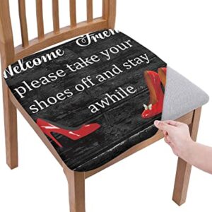 Seat Covers for Dining Room Chairs, Welcome Friend Red High Heels Black Retro Wood Grain Fitted Stretch Chair Seat Covers, Removable Washable Kitchen Dining Chair Slipcovers Protector Set