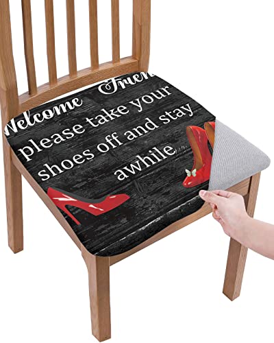 Seat Covers for Dining Room Chairs, Welcome Friend Red High Heels Black Retro Wood Grain Fitted Stretch Chair Seat Covers, Removable Washable Kitchen Dining Chair Slipcovers Protector Set