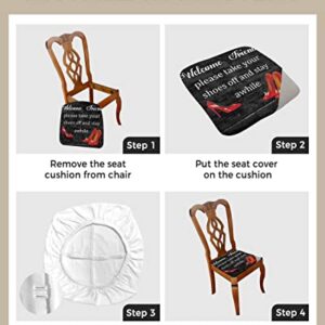 Seat Covers for Dining Room Chairs, Welcome Friend Red High Heels Black Retro Wood Grain Fitted Stretch Chair Seat Covers, Removable Washable Kitchen Dining Chair Slipcovers Protector Set