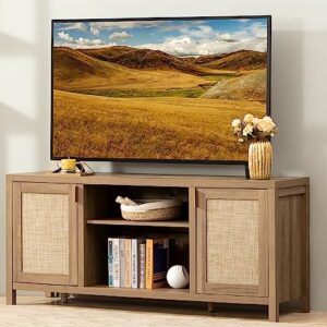 SICOTAS Rattan TV Stand for 65 Inch TV: 26" Tall TV Console with Storage Cabinet and Adjustable Shelf, 59" Boho Entertainment Center, Media Console, Modern Wood TV Stands for Living Room, Bedroom, Oak