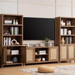 SICOTAS Rattan TV Stand for 65 Inch TV: 26" Tall TV Console with Storage Cabinet and Adjustable Shelf, 59" Boho Entertainment Center, Media Console, Modern Wood TV Stands for Living Room, Bedroom, Oak