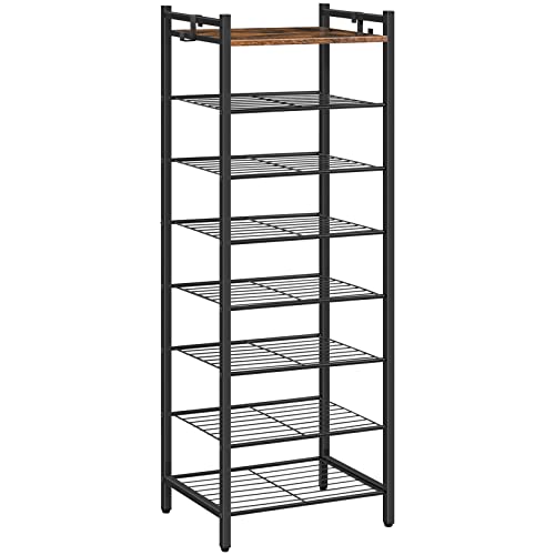 MAHANCRIS 8-Tier Metal Shoe Rack, Narrow Shoe Storage Organizer for Closet Entryway, Hold 7-12 Pairs of Shoes, Tall Skinny Shoe Shelf with 7 Metal Shelves, Easy Assembly, Rustic Brown SRHR0801Z