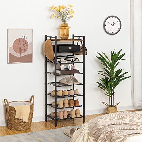 MAHANCRIS 8-Tier Metal Shoe Rack, Narrow Shoe Storage Organizer for Closet Entryway, Hold 7-12 Pairs of Shoes, Tall Skinny Shoe Shelf with 7 Metal Shelves, Easy Assembly, Rustic Brown SRHR0801Z