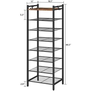 MAHANCRIS 8-Tier Metal Shoe Rack, Narrow Shoe Storage Organizer for Closet Entryway, Hold 7-12 Pairs of Shoes, Tall Skinny Shoe Shelf with 7 Metal Shelves, Easy Assembly, Rustic Brown SRHR0801Z