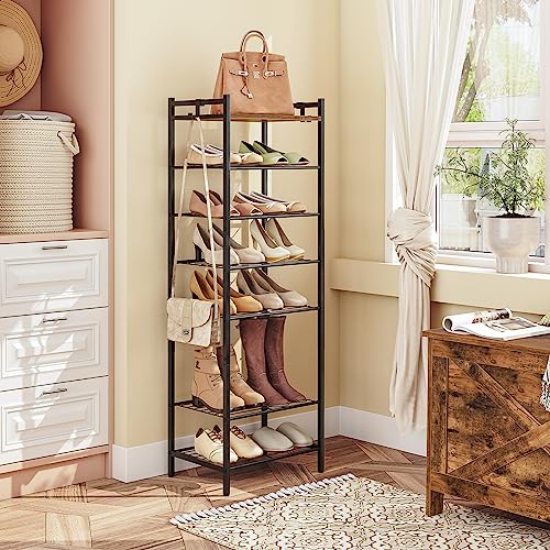 MAHANCRIS 8-Tier Metal Shoe Rack, Narrow Shoe Storage Organizer for Closet Entryway, Hold 7-12 Pairs of Shoes, Tall Skinny Shoe Shelf with 7 Metal Shelves, Easy Assembly, Rustic Brown SRHR0801Z