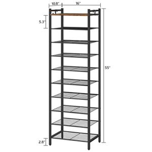 MAHANCRIS 10-Tier Metal Shoe Rack, Narrow Shoe Storage Organizer for Closet Entryway, Hold 9-20 Pairs of Shoes, Tall Skinny Shoe Shelf with 9 Metal Shelves, Easy Assembly, Rustic Brown SRHR1001Z