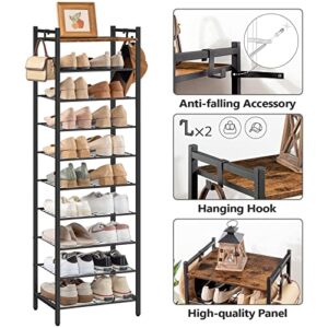 MAHANCRIS 10-Tier Metal Shoe Rack, Narrow Shoe Storage Organizer for Closet Entryway, Hold 9-20 Pairs of Shoes, Tall Skinny Shoe Shelf with 9 Metal Shelves, Easy Assembly, Rustic Brown SRHR1001Z