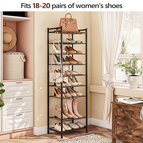 MAHANCRIS 10-Tier Metal Shoe Rack, Narrow Shoe Storage Organizer for Closet Entryway, Hold 9-20 Pairs of Shoes, Tall Skinny Shoe Shelf with 9 Metal Shelves, Easy Assembly, Rustic Brown SRHR1001Z