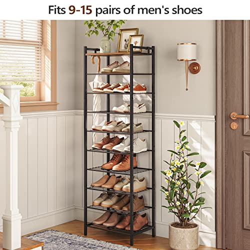 MAHANCRIS 10-Tier Metal Shoe Rack, Narrow Shoe Storage Organizer for Closet Entryway, Hold 9-20 Pairs of Shoes, Tall Skinny Shoe Shelf with 9 Metal Shelves, Easy Assembly, Rustic Brown SRHR1001Z