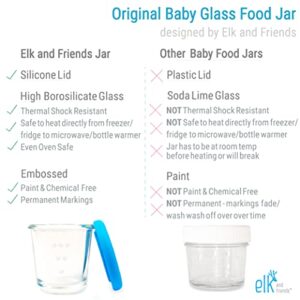 Elk and Friends 4oz Borosilicate Glass Baby Food Storage Jars with Silicone Lid | Strong Glass | Set of 12 | Microwave, Oven & Dishwasher Safe | Infant and Babies