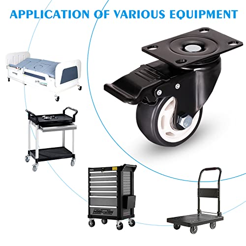 3" Heavy Duty Caster Wheels Set of 4 with Brake - HBL‘ 360° Swivel Castors with Polyurethane (PU) for Cart, Furniture, Workbench.