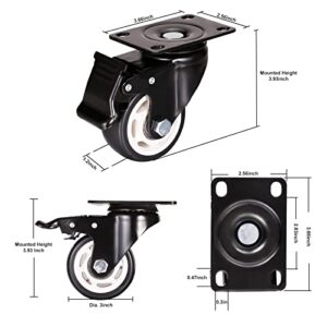 3" Heavy Duty Caster Wheels Set of 4 with Brake - HBL‘ 360° Swivel Castors with Polyurethane (PU) for Cart, Furniture, Workbench.