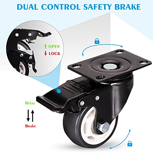 3" Heavy Duty Caster Wheels Set of 4 with Brake - HBL‘ 360° Swivel Castors with Polyurethane (PU) for Cart, Furniture, Workbench.