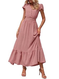 prettygarden womens summer flowy boho maxi dress short sleeve swiss dot long dress v neck smocked waist beach party sundress (pink, large)