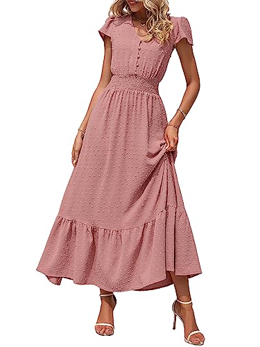 PRETTYGARDEN Womens Summer Flowy Boho Maxi Dress Short Sleeve Swiss Dot Long Dress V Neck Smocked Waist Beach Party Sundress (Pink, Large)