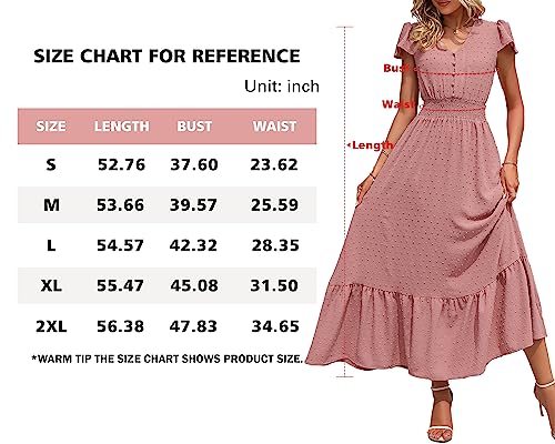 PRETTYGARDEN Womens Summer Flowy Boho Maxi Dress Short Sleeve Swiss Dot Long Dress V Neck Smocked Waist Beach Party Sundress (Pink, Large)