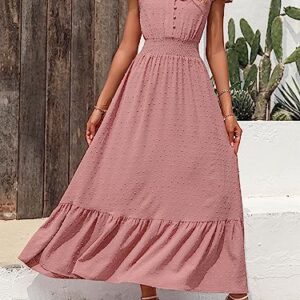 PRETTYGARDEN Womens Summer Flowy Boho Maxi Dress Short Sleeve Swiss Dot Long Dress V Neck Smocked Waist Beach Party Sundress (Pink, Large)