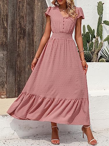 PRETTYGARDEN Womens Summer Flowy Boho Maxi Dress Short Sleeve Swiss Dot Long Dress V Neck Smocked Waist Beach Party Sundress (Pink, Large)