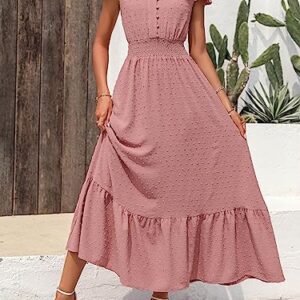 PRETTYGARDEN Womens Summer Flowy Boho Maxi Dress Short Sleeve Swiss Dot Long Dress V Neck Smocked Waist Beach Party Sundress (Pink, Large)