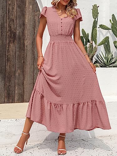 PRETTYGARDEN Womens Summer Flowy Boho Maxi Dress Short Sleeve Swiss Dot Long Dress V Neck Smocked Waist Beach Party Sundress (Pink, Large)