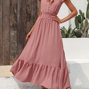 PRETTYGARDEN Womens Summer Flowy Boho Maxi Dress Short Sleeve Swiss Dot Long Dress V Neck Smocked Waist Beach Party Sundress (Pink, Large)