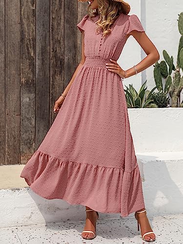 PRETTYGARDEN Womens Summer Flowy Boho Maxi Dress Short Sleeve Swiss Dot Long Dress V Neck Smocked Waist Beach Party Sundress (Pink, Large)