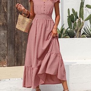 PRETTYGARDEN Womens Summer Flowy Boho Maxi Dress Short Sleeve Swiss Dot Long Dress V Neck Smocked Waist Beach Party Sundress (Pink, Large)