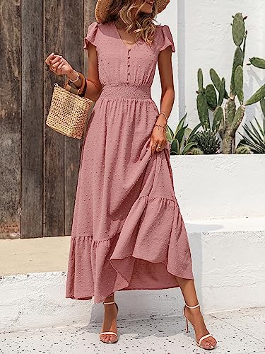 PRETTYGARDEN Womens Summer Flowy Boho Maxi Dress Short Sleeve Swiss Dot Long Dress V Neck Smocked Waist Beach Party Sundress (Pink, Large)