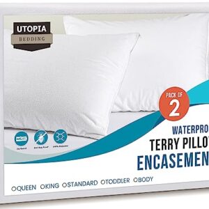 Utopia Bedding Pillow Protectors with Zipper Queen (2 Pack), White, Waterproof Terry Pillow Encasement, Bed Bug and Dust Mite Proof Pillow Covers