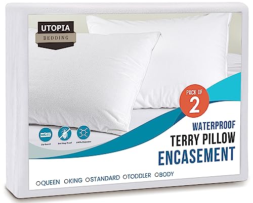 Utopia Bedding Pillow Protectors with Zipper Queen (2 Pack), White, Waterproof Terry Pillow Encasement, Bed Bug and Dust Mite Proof Pillow Covers