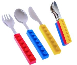 rucher interlocking brick utensils for children. 3-piece fun interlocking block set of spoon fork and knife. stainless steel toy silverware set for home, lunch box, travel or birthday.