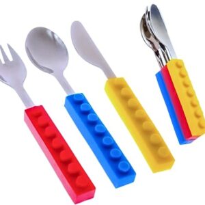 Rucher Interlocking Brick Utensils for Children. 3-Piece Fun Interlocking Block Set of Spoon Fork and Knife. Stainless Steel Toy Silverware Set for Home, Lunch Box, Travel or Birthday.