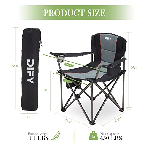 DIFY Oversized Camping Chair, Fortable and Portable, Padded Adjustable Armrest, Max Weight 450lbs. Outdoor Chair with Cup Holder & ice Bag.(Black)