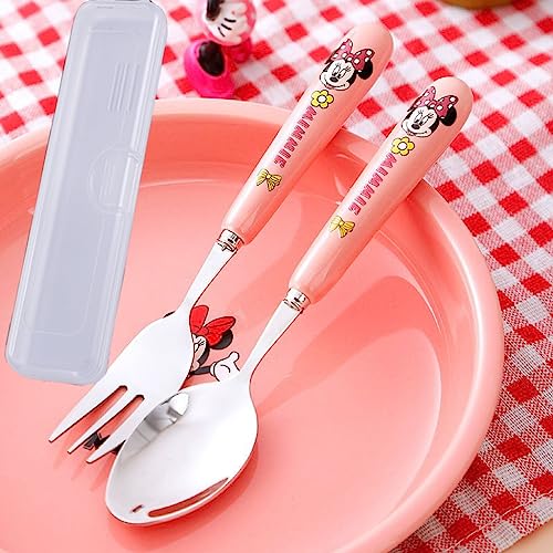 Meet Beauty Ding 1Set Stainless Steel Minnie Spoon Fork Set Pink Kid's Flatware with A Container Girl Children's Tableware Female Student's Cartoon Dinnerware Meal Tool（Made in China