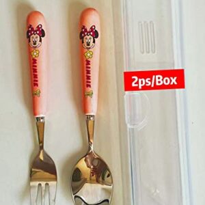 Meet Beauty Ding 1Set Stainless Steel Minnie Spoon Fork Set Pink Kid's Flatware with A Container Girl Children's Tableware Female Student's Cartoon Dinnerware Meal Tool（Made in China