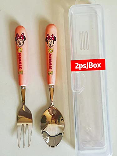 Meet Beauty Ding 1Set Stainless Steel Minnie Spoon Fork Set Pink Kid's Flatware with A Container Girl Children's Tableware Female Student's Cartoon Dinnerware Meal Tool（Made in China