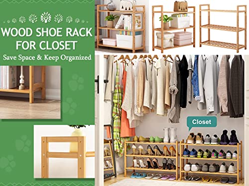 ZHIJXFAVO Wooden Shoe Rack for Closet | 3 Tier Wood and Bamboo Shoe Shelf | Shoe Storage Orgnizer for Enterway Hallway Bathroom Balcony | Easy to Assemble & Space Saving